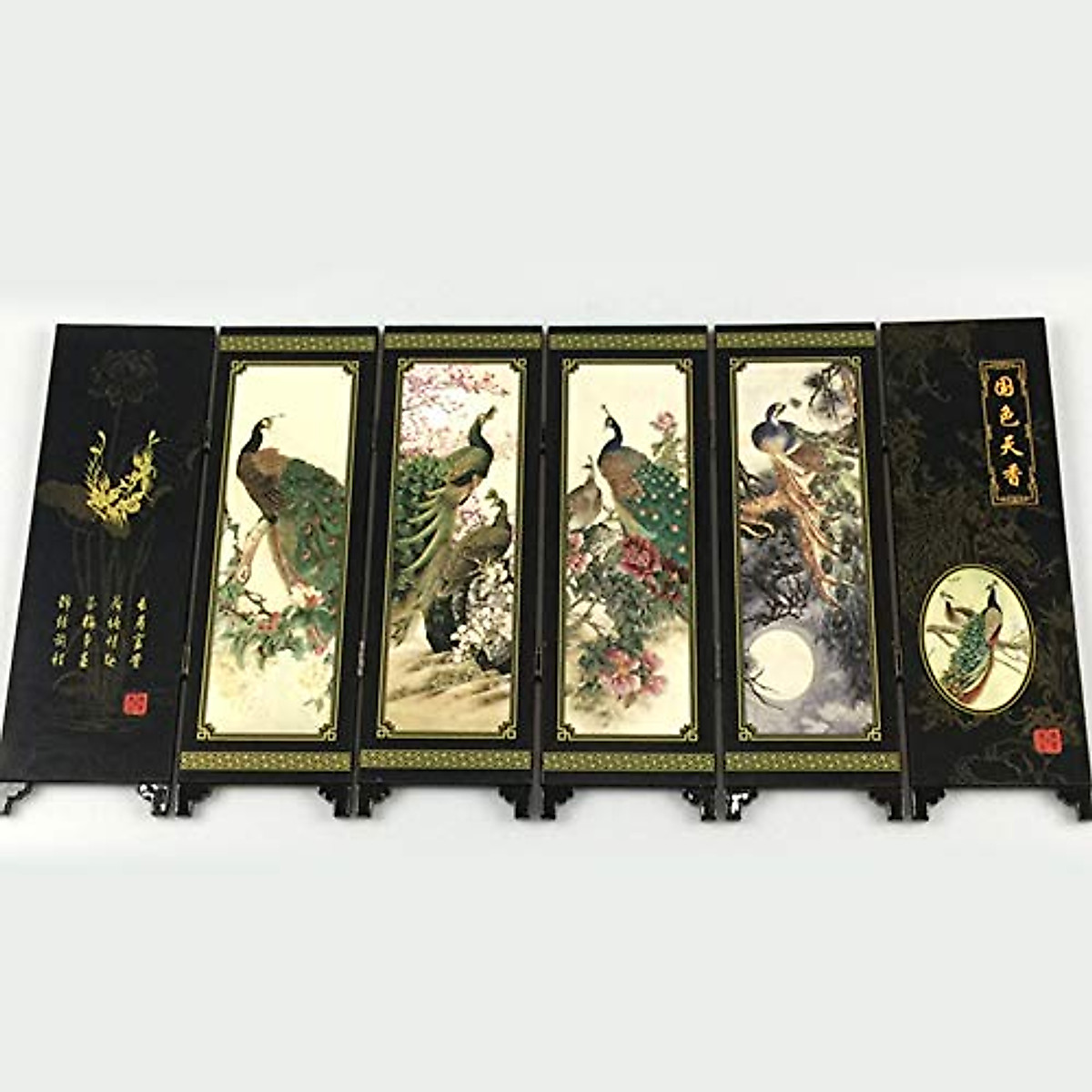 Luwsldirr Wooden 10 pcs 6-Panel Peacock Screen Room Divider Folding Partition Gift Desktop Decor - Black