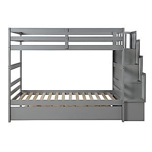 Harper & Bright Designs Stairway Bunk Bed Twin Over Twin with Trundle,Detachable Bunk Beds Twin Over Twin with Stairs,Wood Twin Bunk Beds with Storage Shelves for Kids Teens Girls Boys, Grey