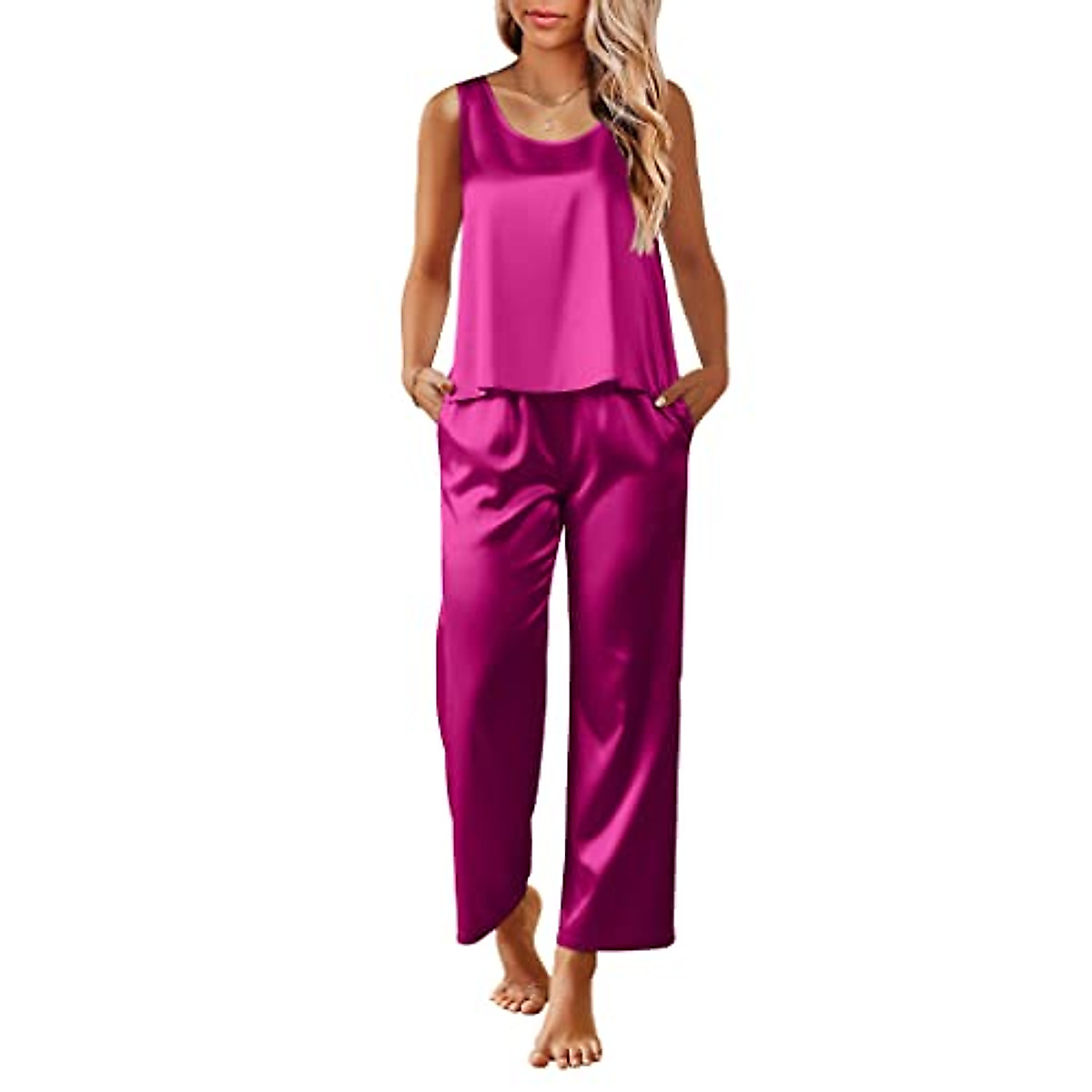 Ekouaer Women's Silk Pajamas Tank Top and Shorts Pjs Nightwear 2 Piece Satin Sleep Set Plus Size Hot Pink