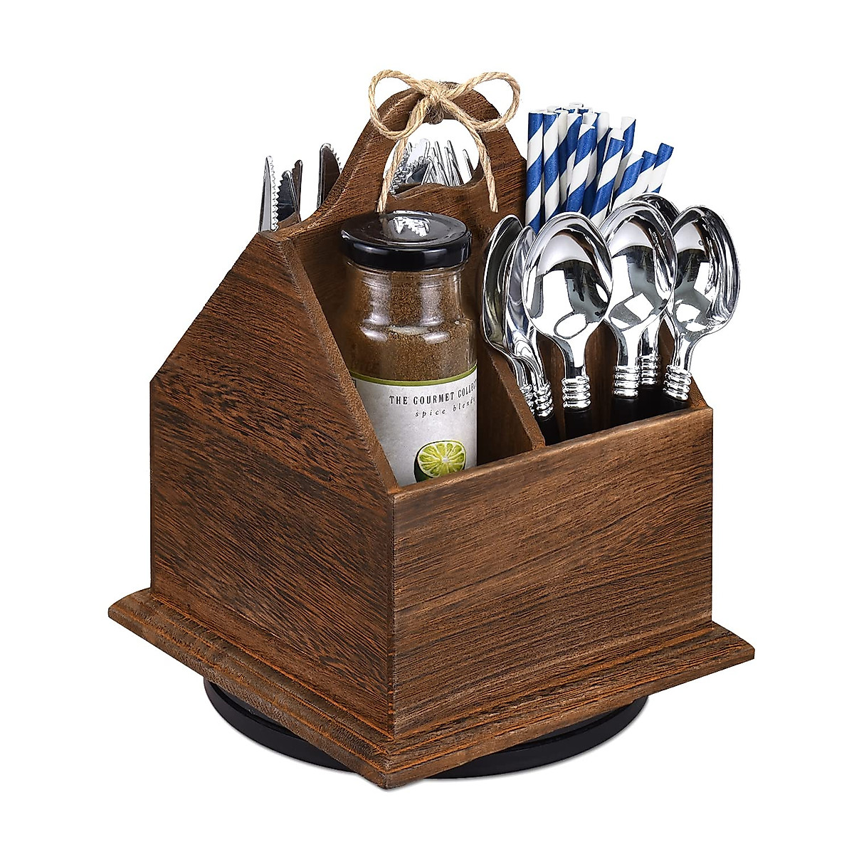 Ikee Design Rotating Wooden Utensil Holder Flatware Utensil Caddy with a Handle - Silverware Holder for Spoons, Knives, Forks, Napkins for Restaurant, Living Room and Kitchen, Brown Color