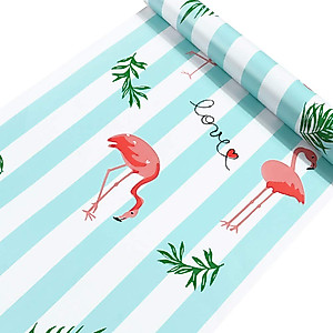 HOYOYO Vinyl Wallpaper Flamingos Palm Leaf Wallpaper Blue White Stripe Decorative Self Adhesive Liner Removable Wall Decoration for Bookshelf Closet Living Room Bedroom Dormitory Office 17.7''x118''