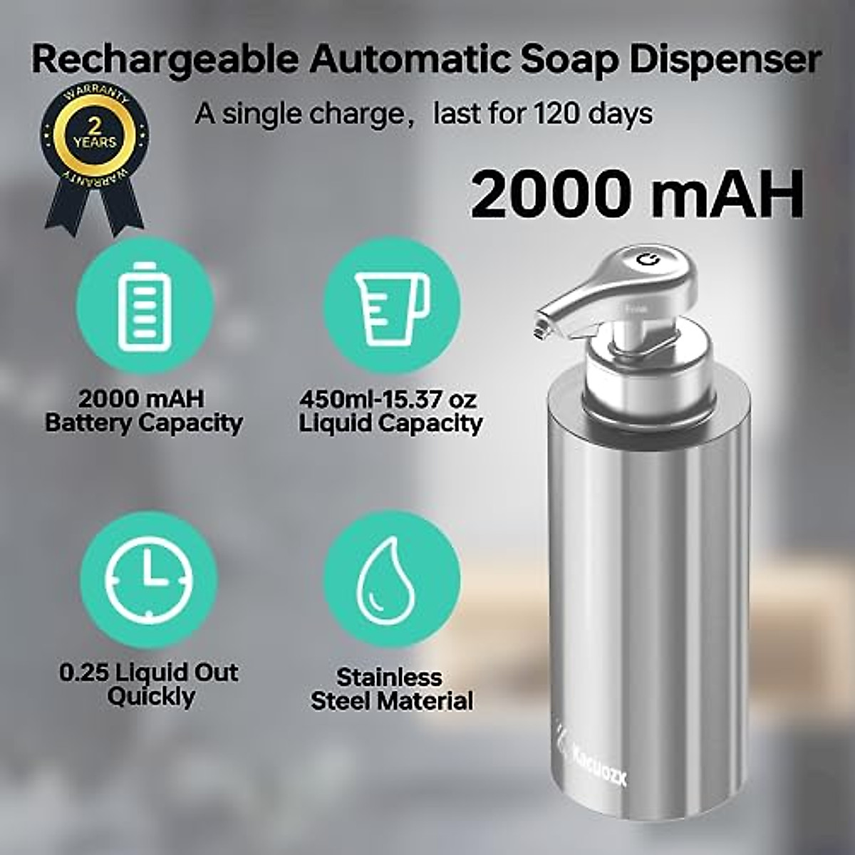 Automatic Soap Dispenser Stainless Steel - Rechargeable Touchless Hand Foam Soap Dispenser, 450mL Foaming Soap Dispenser, Electric Auto Dish Soap Dispenser for Bathroom, Kitchen Sink
