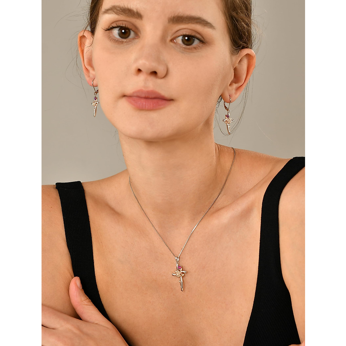 YL Cross Necklace 925 Sterling Silver Flower Rose Crucifix Pendant Created Ruby Criss Jewelry for Women