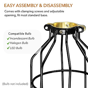 Simple Deluxe 2-Pack Adjustable Industrial Clamp on Metal Bulb Guard Cage for Pendant, Farmhouse Light Fixture, Vintage Lamp Shades and Hanging Lamp, Black