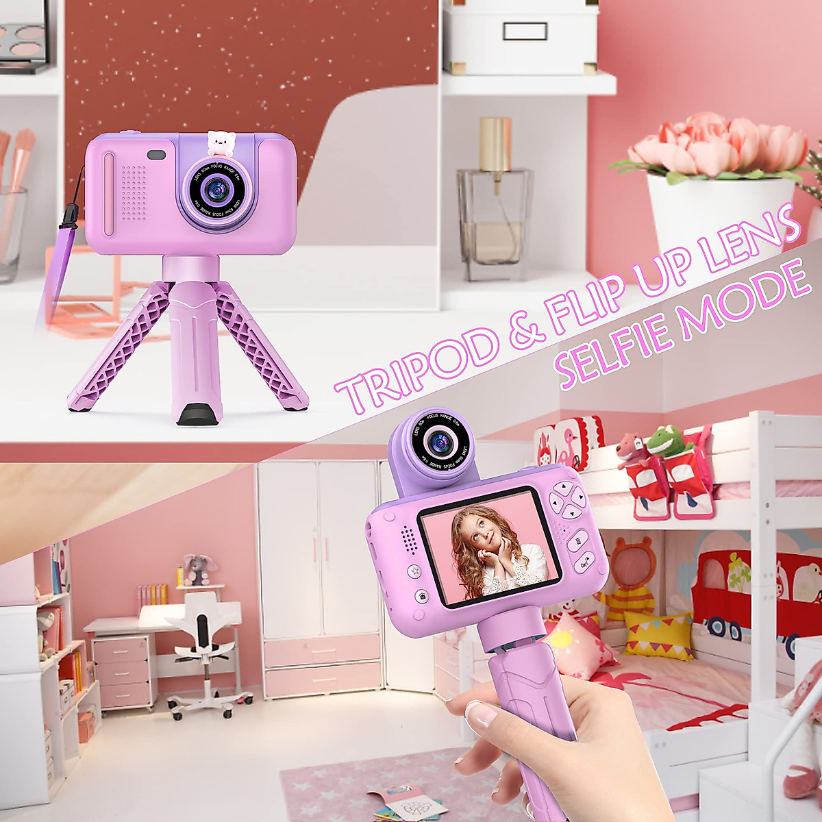 PURULU Upgraded Real 1080P Kids Camera with Flip-up Lens for Selfie & Video, 32GB SD Card Included, 2.4" Screen Camera Toy for 4-12 Years Old Girls Boys on Birthday Party as Gift, Pink