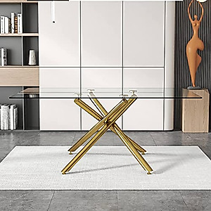 71inch Glass Dining Table for 6, Rectangle Kitchen Table with Golden Legs, Marble Texture Top Dining Table for 8, Dinner Dining Room Table for Home Kitchen Meeting Banquet