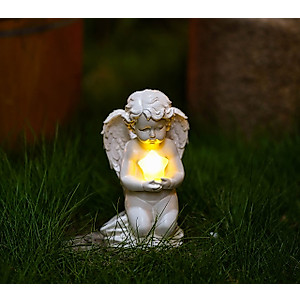 HONGRUIART Solar Powered Cherub Angel Light, Kneeling Praying Cherub Angel Statue with Solar Star Lights Garden Angel Decor for Home Outdoor Patio Lawn Mother's Day Remembrance Gifts