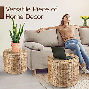 KOL Nesting Multipurpose Handwoven Storage Basket (Set of 2), Round Rattan Natural Stool/Side Table, Handwoven Organizer with Removable Lid, Dia 17"x14" H. & Dia 15"x12" H.