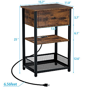 YAKANJ Modern Nightstand with Charging Station and Drawer,3-Tier Side Table End Table for Living Room,Bedroom,Narrow Sofa Table Bedside Table with Storage Shelf for Small Spaces-Brown