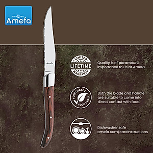 Amefa Royal Steak Knives, Set of 6, Premium Hardened Stainless Steel, Triple Rivet Pakka Wood Ergonomic Handle Design, Serrated Edge 4 Inch Blade Steak Knife, Dishwasher Safe.