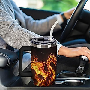 Fire And Blue Dragons Insulated Tumblers with Handle Stainless Steel Coffee Mug Funny Travel Cup with Lid Straw 40oz