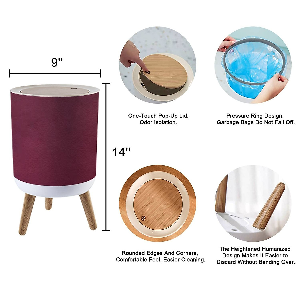 CAKOJV188 Round Trash Can with Press Lid Real Leather Color Burgundy Texture Made from Cow Skin Small Garbage Can Trash Bin Dog-Proof Trash Can Wooden Legs Waste Bin Wastebasket 7L/1.8 Gallon