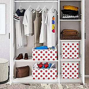 Polka Dot Red White Collapsible Fabric Storage Cubes Bins with Handles Square Closet Organizer Waterproof Lining for Nursery Drawer Shelves Cabinet 15.75x10.63x6.96 Inches