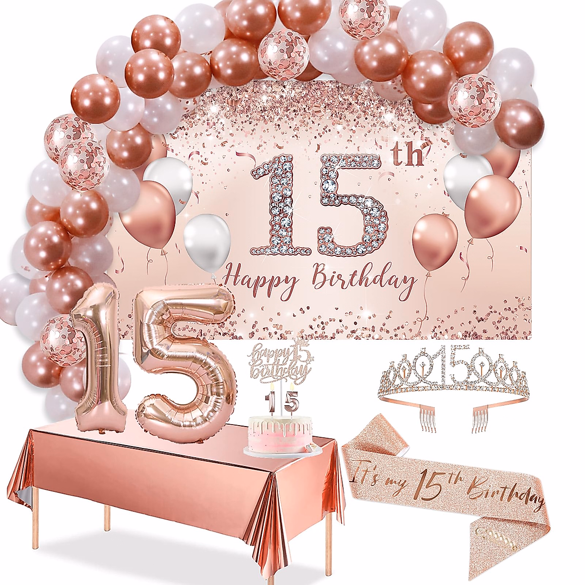 Trgowaul 15th Birthday Decorations Balloon Set Women's Arch, Rose Gold 15th Birthday Banner and Party Tablecloth, Belt and Tiara, Pink Gold 15th Balloon, Pink Birthday Cake Top, Latex Balloon * 60