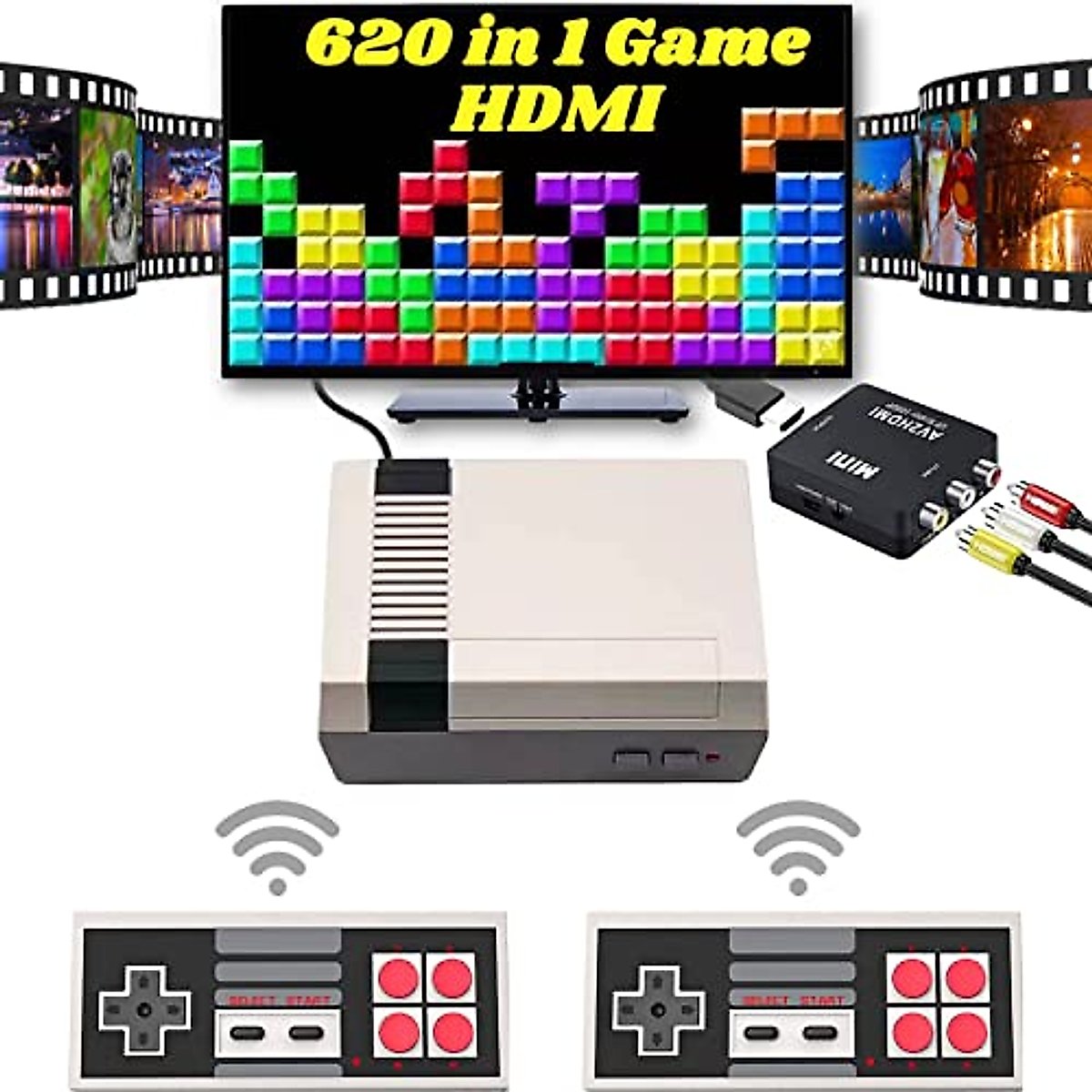 Retro Game Console, Mini Classic Game System with 2 Classic Wireless Controllers and Built-in 620 Games, RCA Output and HDMI HD Output Plug & Play Childhood Mini Classic Console, Birthday Gifts.