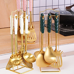 Cooking Utensils Set with Holder,7 PC 304 Stainless Steel High-Grade Gold Cooking Kitchen Utensil Set with Ceramic Handle,Spatula,Turner Spatula,Ladle,Serving Spoon,Slotted Spoon,Pasta Server (White)