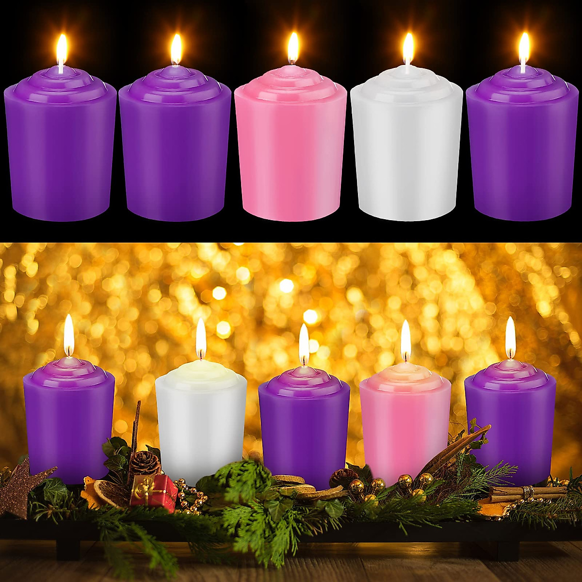 5 Pieces Advent Pillar Candle Set Christmas Round Advent Pillar Candles 3 Purple and 1 Pink and 1 White Wax Advent Wreath Candles for Home Decor Church Christmas Wedding Festivals, 1.5 x 2.3 Inch