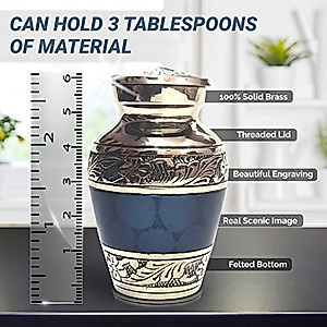 Small Keepsake Cremation Urn for Human Ashes with Velvet Heart Case and Funnel - Beautiful Peaceful Dark Blue Brass Hand Engraved Mini Memorial Urn