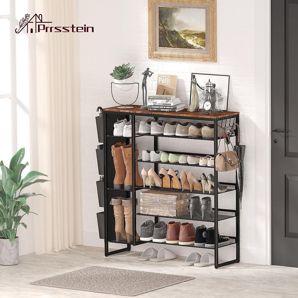 Prrsstein Shoe Rack-6 Tier Shoe Organizer,Shoes Rack for Entryway&Front Door Entrance,Free Standing Shoe Storage Cabinet Made by Wood&Metal.Equip Multi-Functional Felt Storage Bag