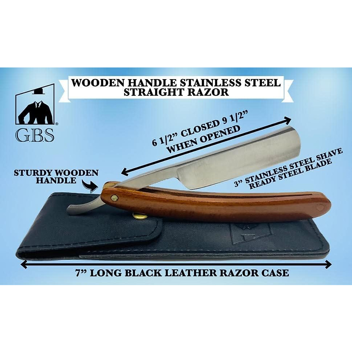 G.B.S Wooden Handle Straight Edge Stainless Steel Barber Shaving Straight Razor, Handmade, Extra Sharp With Leather Razor Travel Case
