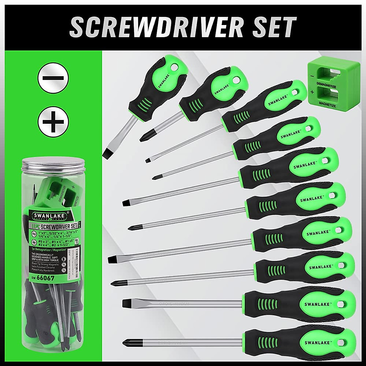 SWANLAKE 11PCS Screwdriver Set, Magnetic 5 Phillips and 5 Flat Head Tips for Fastening and Loosening Seized (11PCS)