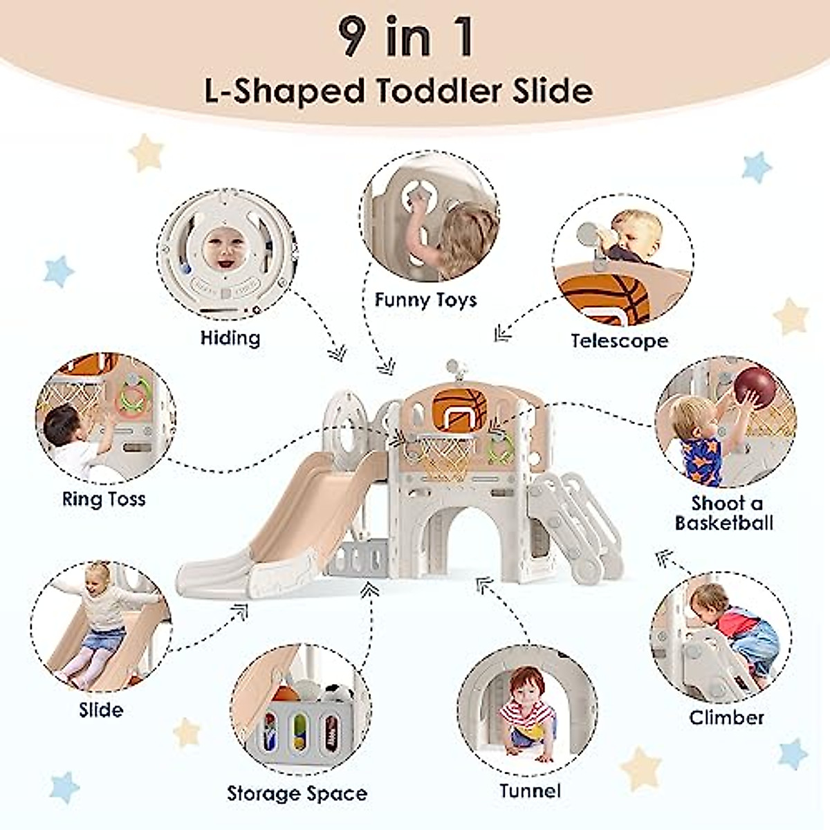 BIERUM 9 in 1 Toddler Slide, Kid Slide for Toddlers Age 1-3 with Ring Toss, Basketball Hoop, and Telescope, Indoor Outdoor Slide Toddler Playset Toddler Playground