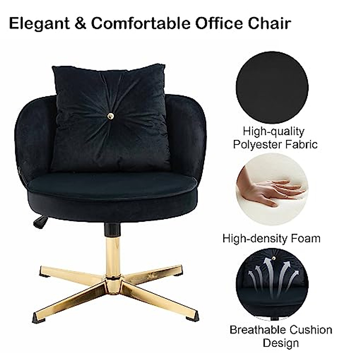 Pvillez Office Desk Chair No Wheels Polyester Fabric Armless Home Office Desk Chair Office Chair Vanity Chair Adjustable Swivel Home Office Computer Chair Task Chair with Pillow and Gold Base (Black)
