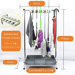 DHWDPO Broom And Mop Holder Put Wet Mops,Movable Commercial Mop Rack, Floor-Mounted Stainless Steel Mop Rack, Umbrella Stand,Garden Tool Storage,with Tray,for Garage,Schools,Factories