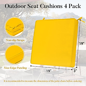 Basic Beyond Outdoor Chair Cushions for Patio Furniture, Waterproof Outdoor Seat Cushions Set of 4 19 x 19, Patio Chair Cushions Set of 4 with Ties and Handle, Yellow