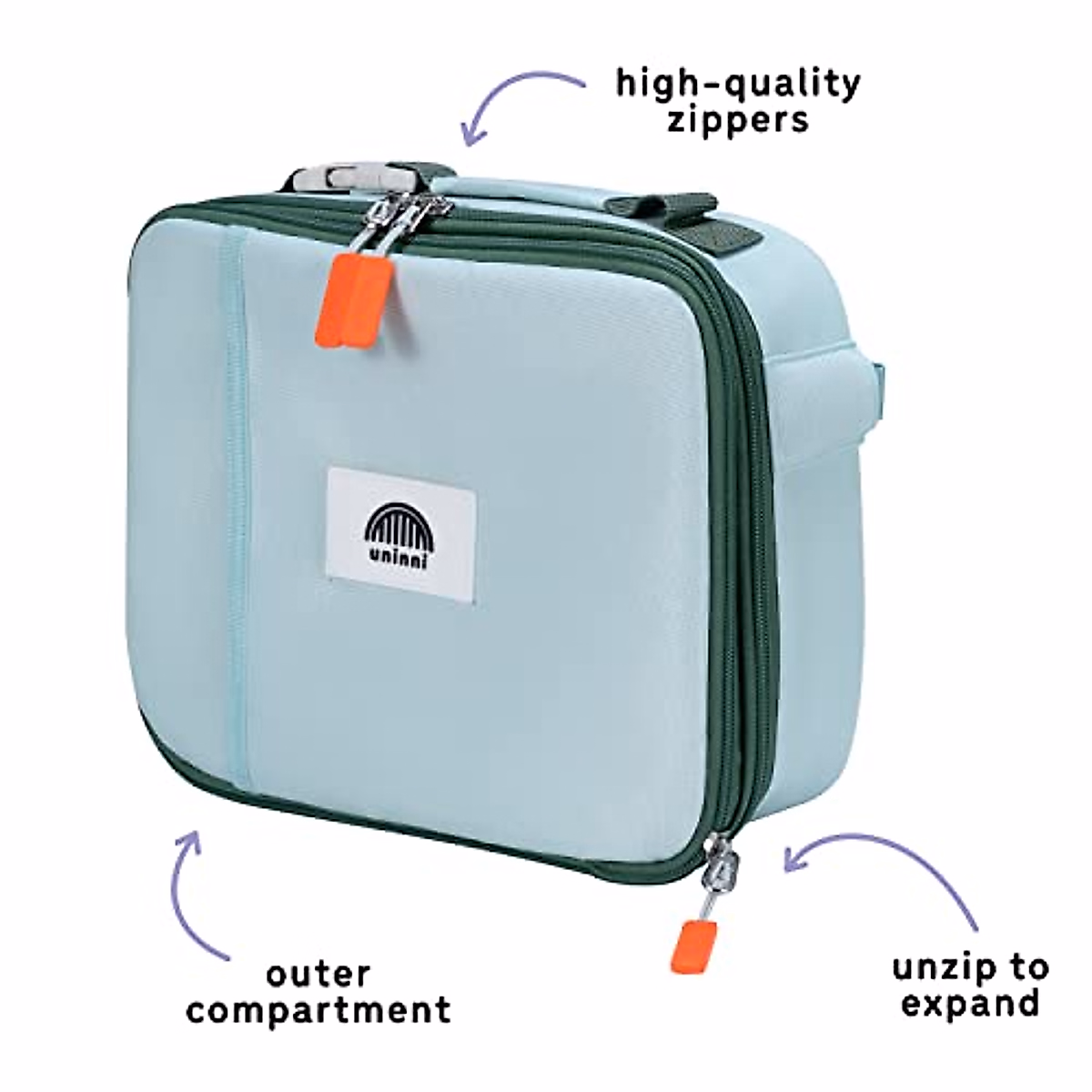 uninni Mint Insulated Lunch box for Kids - Age 3+ with Leak-Resistant Storage, Mesh Pocket, Removable Divider for Snacks, Sandwiches and Drinks, BPA-Free Food-Grade lunch bag kids, Girls and Boys