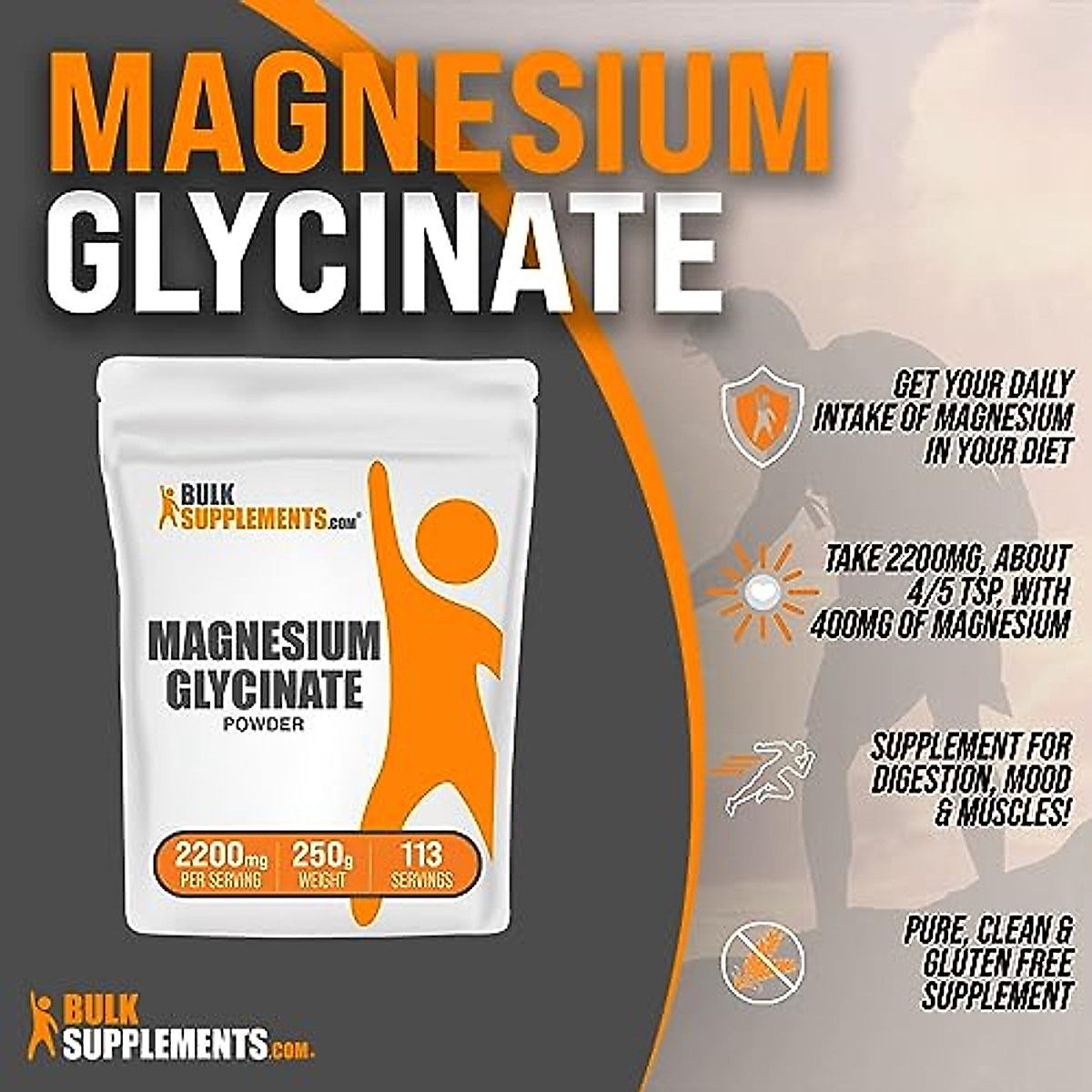 BulkSupplements.com Magnesium Glycinate Powder - Magnesium Bisglycinate, Magnesium Supplement, Magnesium Glycinate 400mg - Pure Magnesium Glycinate - 2200mg per Serving, 250g (8.8 oz)