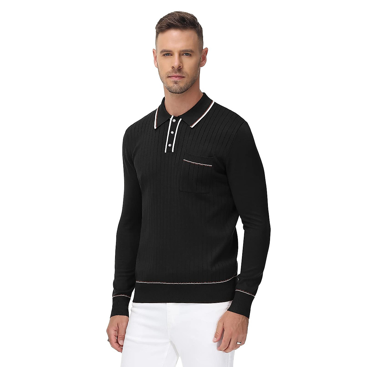 PJ PAUL JONES Mens Vintage Knit Sweater Long Sleeve Lapel Collar Pullover Sweater Black XL