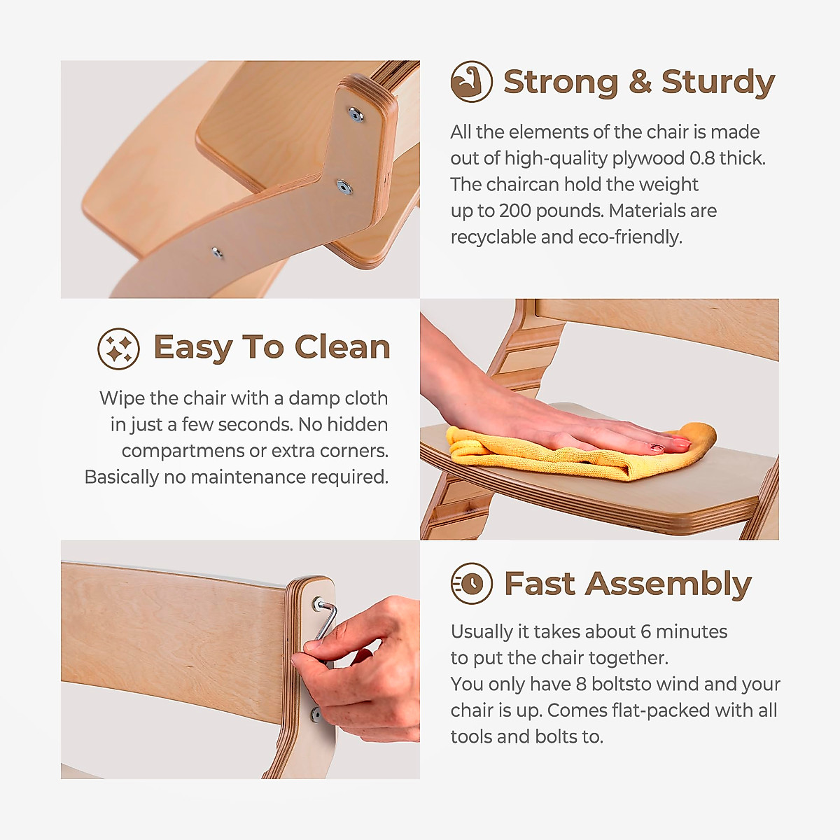 FORNEL Wooden High Chair for Babies and Toddlers - Adjustable Height Easy to Clean Toddler Highchair - Kids Dining Chair from 3 Years to 200 Lb, Grow with Child - Natural Birch