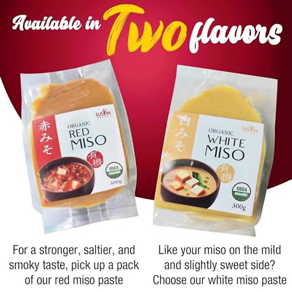 Fusion Select Organic Red Miso Paste - Made of Fermented Soy Bean & Rice - Savory Japanese Seasoning For Cooking Soup Base, Broth, Stew, Salad Dressing, Sauce, Marinade, Ramen - 15 Servings, 300g