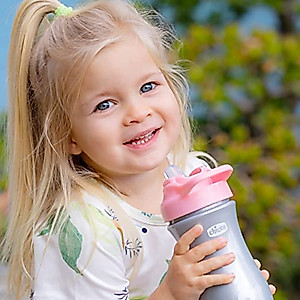 Chicco Soft Spout Tumbler with Silicone Straw and Spill-Proof Lid 12oz.| Built-In Carry Handle | Top-Rack Dishwasher Safe | Easy to Hold Travel Cup | Pink/Silver| 18+ months