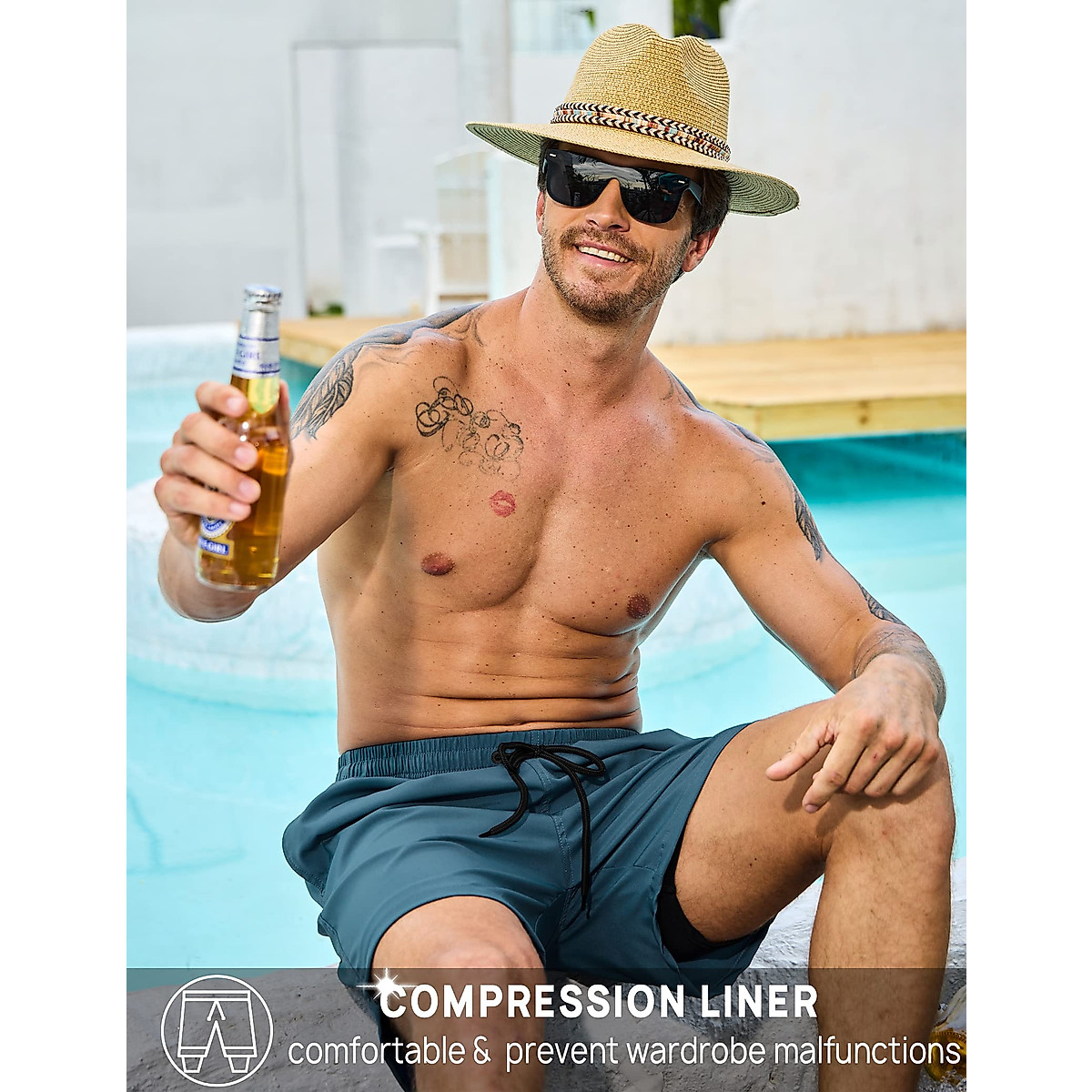 KBVOT Mens Swim Trunks with Compression Liner 7 inch Inseam 2 Pack Quick Dry Stretch Beach Shorts Bathing Suits Swimwear