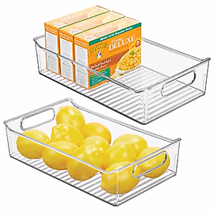 mDesign Small Plastic Kitchen Storage Container Bins with Handles -Organization in Pantry, Cabinet, Refrigerator or Freezer Shelves - Food Organizer for Fruit, Yogurt, Squeeze Pouches - 2 Pack - White