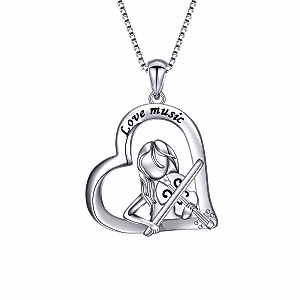 925 Sterling Silver I Love Music Girl Plays Violin Heart Pendant Necklace Fiddle Musical Jewelry for Violinist Daughter Women, 18 inch