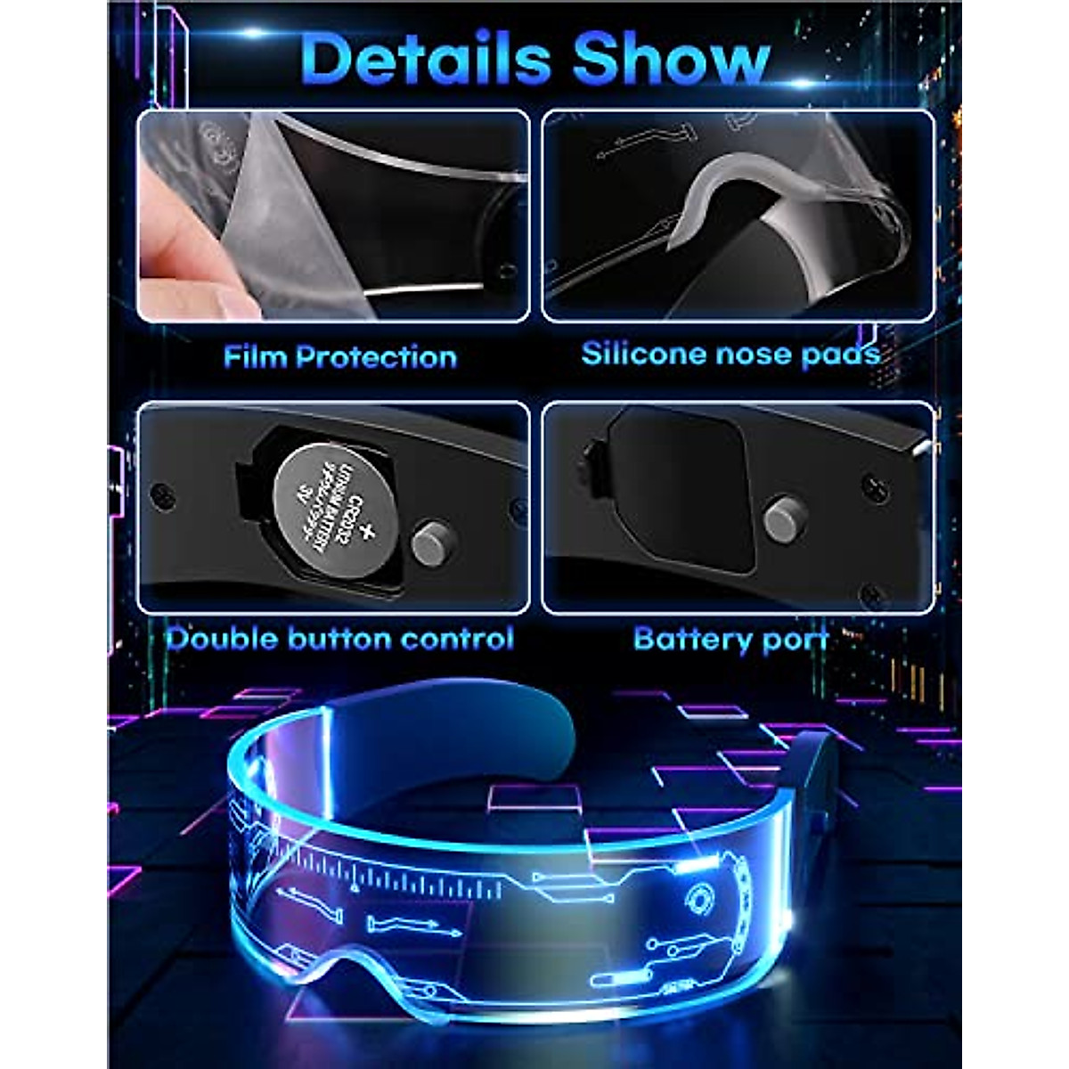 NIUCOO LED Visor Glasses Light Up: [7 Colors 4 Modes] Cyberpunk Futuristic Luminous Cosplay Glasses Rave Cyber Lightup Goggles (High Tech)