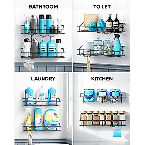 Nieifi Shower Caddy Shelf with Hooks Storage Rack Organizer Adhesive Stainless Steel Without Drilling for Bathroom, Lavatory, Washroom, Restroom, Shower, Toilet, Kitchen - 2 Pack (Black)