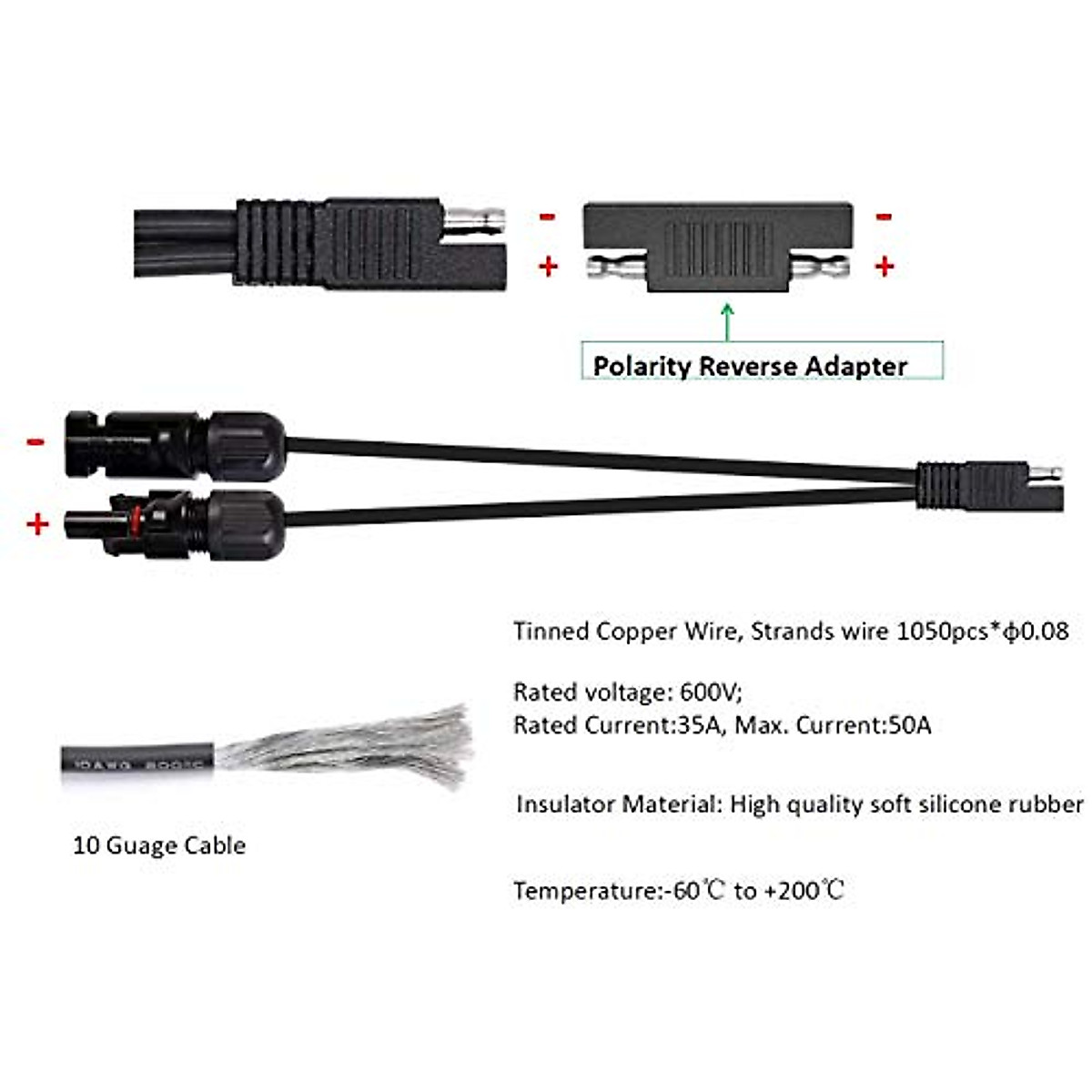 Solar Panel Connectors 10AWG Compatible with MC4 Connecter to SAE Adapter PV Extension Cable Wire for RV Caravan Solar Panels Battery Charger kit with Two SAE to SAE Polarity Reverse Adapters