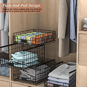 3 Pack Sliding Closet Organizers and Storage, Stackable Closet Storage Shelves, Pull Out Clothes Storage Organizer Baskets/Containers/Drawers with Dividers for Wardrobe (Black-Sturdy Wire Metal Frame)