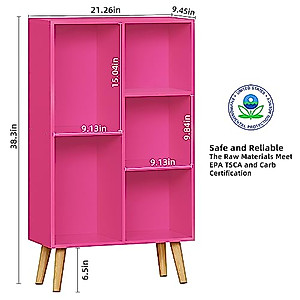 LEYAOYAO 5 Cube Bookshelf, 3-Tier Bookcase with Legs, Pink Kids Book Shelf Cute Storage Organizer, Free Standing Open Toy Shelves Modern Bookshelves,Wood Display Bookcases for Bedroom,Living Room