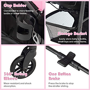 HONEY JOY Baby Stroller, High Landscape Convertible Infant Bassinet Stroller, Adjustable Canopy & Backrest, Storage Basket, Cup Holder, Foldable Newborn Carriage Pram Stroller (Pink)