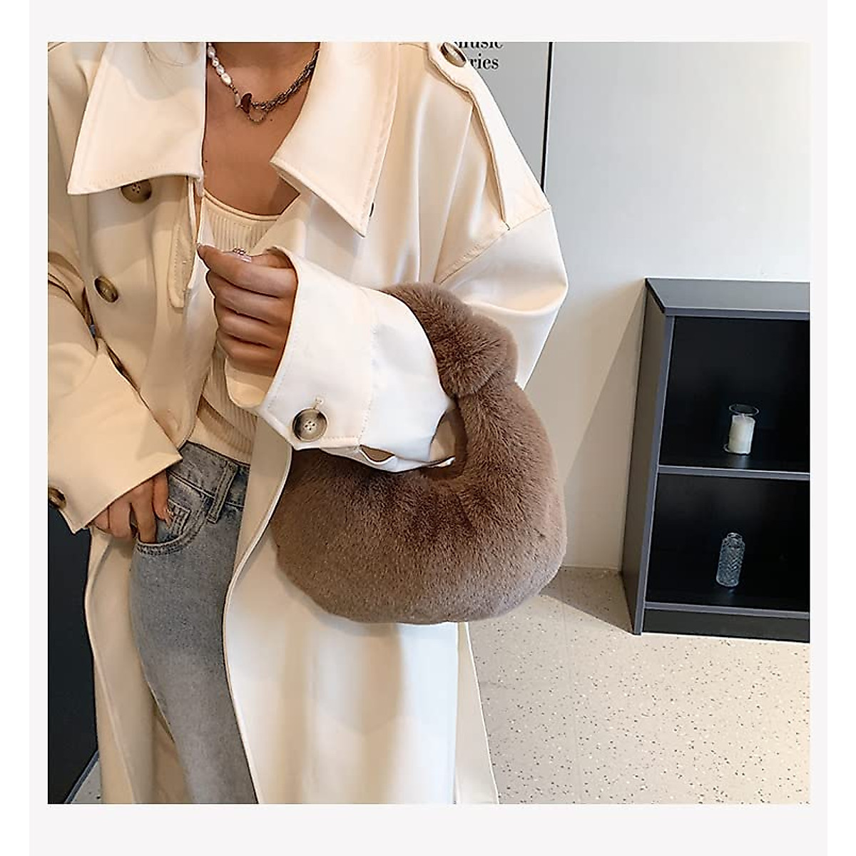 XPONNI Fuzzy Dumpling Bag, Cute Fluffy Bags Y2k, Cute Mini Handbags, Faux Fur Bag with Zipper, Soft Knotted Bag