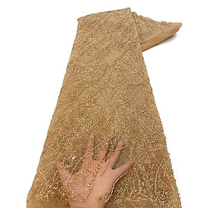 Tngan Embroidered Sequin African Lace Heavy Craft Beading Glitter Floral French Tulle Net Fabric for Trailing Dress, 5 Yards, Black