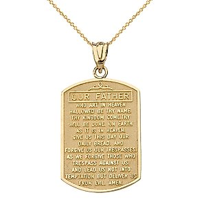 Sideways Crosses Religious Jewelry Solid 10k Yellow Gold Lord's Prayer Our Father Dog Tag Style Necklace, 16"
