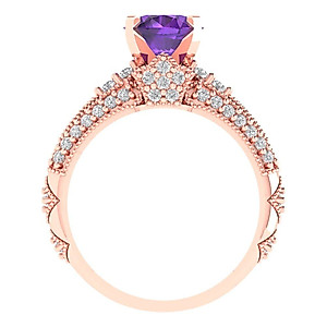 Clara Pucci 2.10ct Round Cut Solitaire Accent Natural Amethyst Engagement Promise Anniversary Bridal Ring Band set Real 14k Rose Gold 6.5