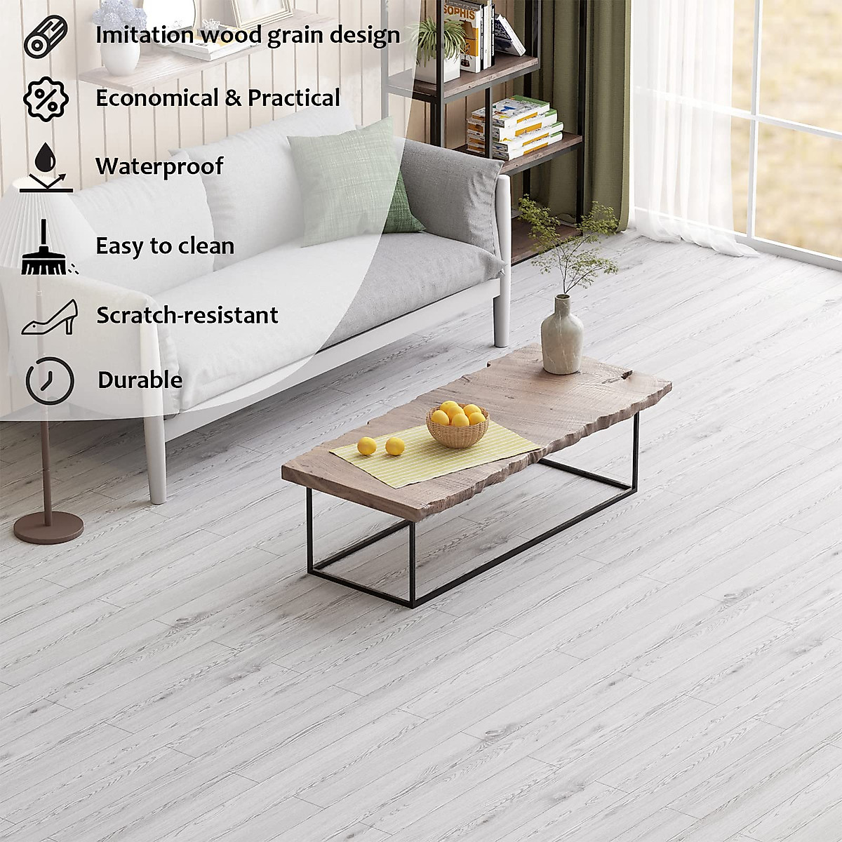 Freshtour Vinyl Flooring Roll, Wood Grain Peel and Stick Floor Tiles 23.6"x 393.7"/64 Sq.Ft, Wear-Resistant and Waterproof Vinyl Plank Flooring for Bedroom Living Room Kitchen RV Office, Light Gray