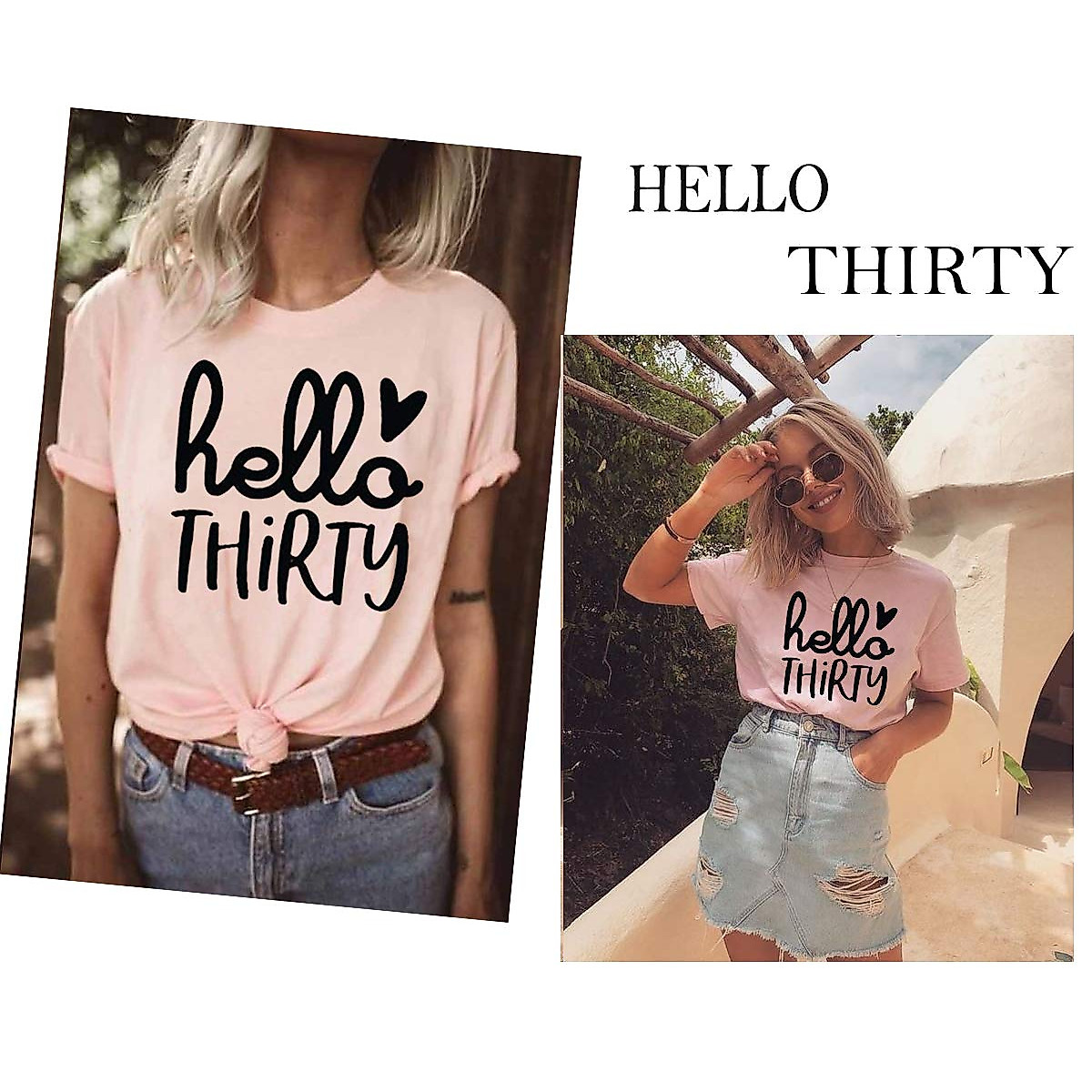 Hello Thirty Shirt Women 30th Birthday T Shirt Thirty Years Old Gift Love Heart Graphic Short Sleeve Tee Tops Pink